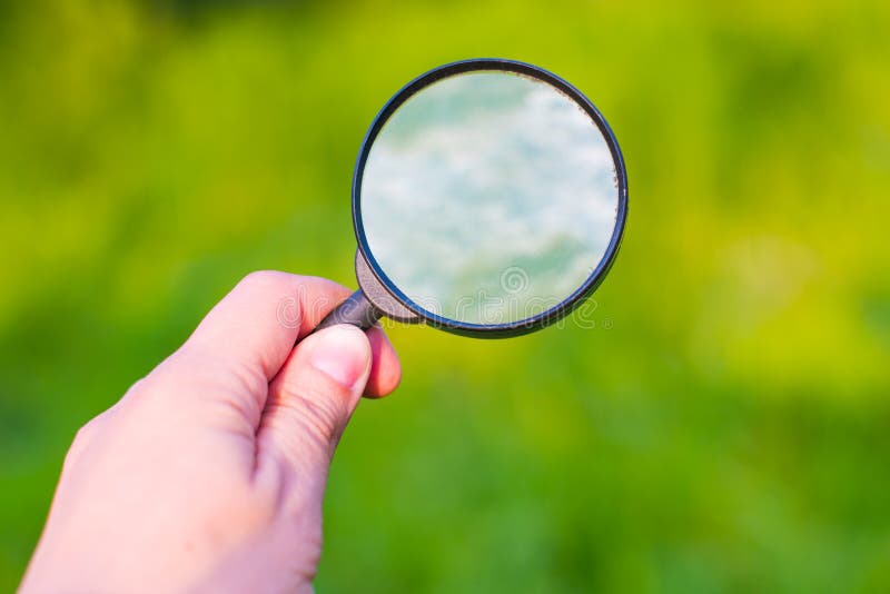 Hand Mit Einer Lupe Auf Dem Hintergrund Der Natur Stockbild - Bild von ...