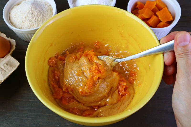 Hand Mixing Mixture for Baking Butternut Squash Cake Stock Photo ...