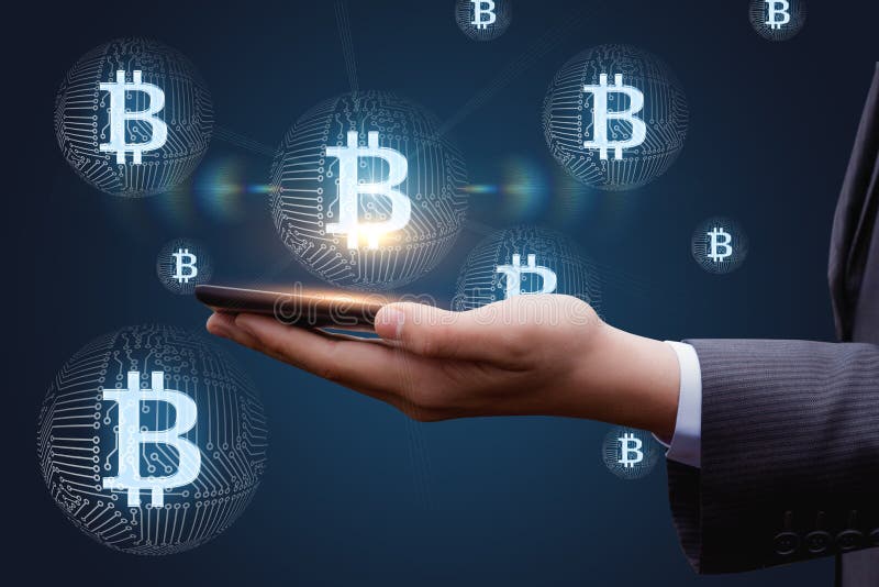 Hand with Mobile Phone and Bit Coin . Stock Photo - Image of internet ...