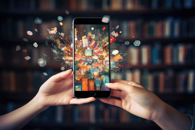 Hand with Mobile Phone with Many Books. Online Library and Education ...