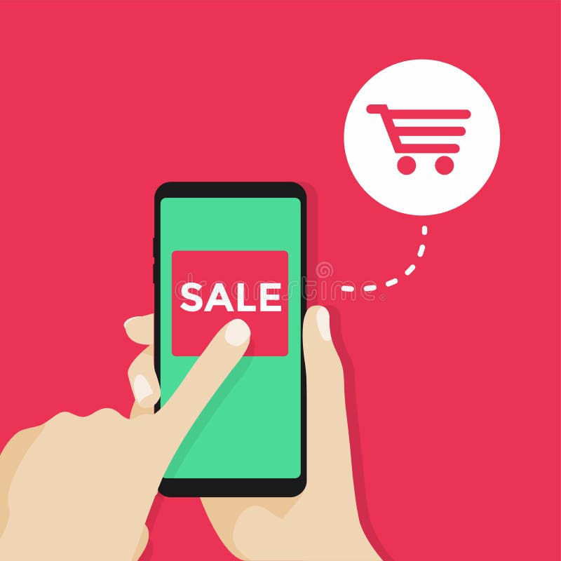 Hand and Mobile Phone with Sale Button. Stock Vector - Illustration of ...
