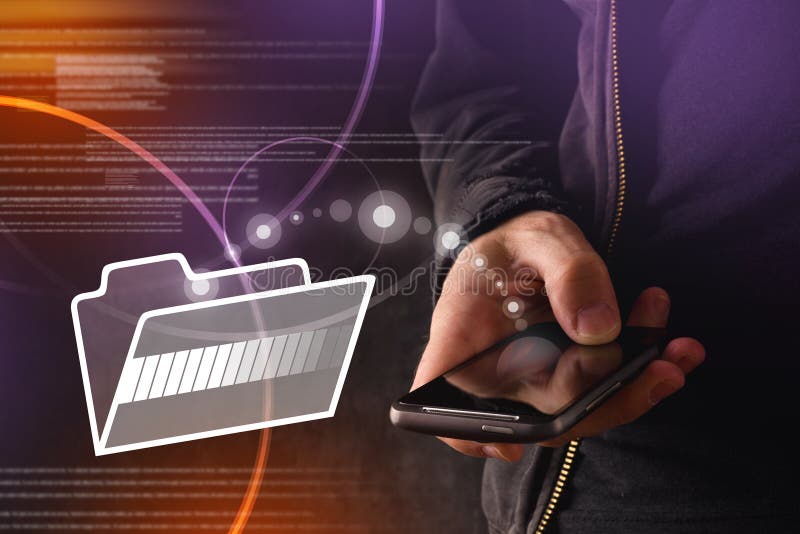 Hand With Mobile Smart Phone Transfering Files To Cloud Folder Stock ...