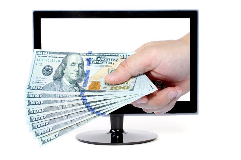 Hand with Money Comes from Computer Monitor Screen Stock Image - Image ...