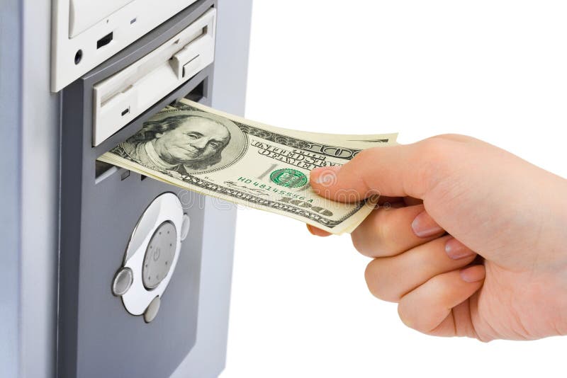 Hand put money to computer stock photo. Image of financial - 1560004