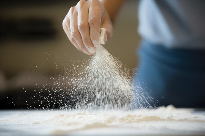 Hand in Motion Sprinkling Flour, Creating Dust in Kitchen Setting ...
