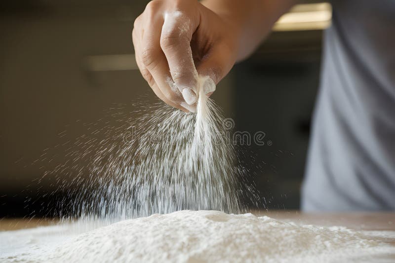 Hand in Motion Sprinkling Flour, Creating Dust in Kitchen Setting ...
