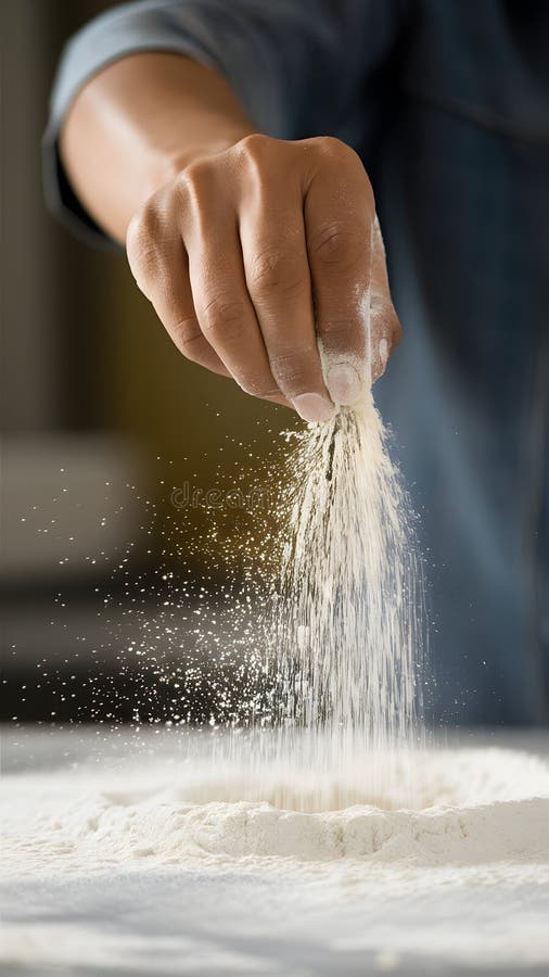 Hand in Motion Sprinkling Flour, Creating Dust in Kitchen Setting ...