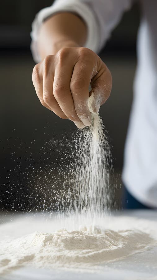 Hand in Motion Sprinkling Flour, Creating Dust in Kitchen Setting ...