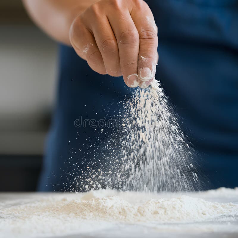 Hand in Motion Sprinkling Flour, Creating Dust in Kitchen Setting ...