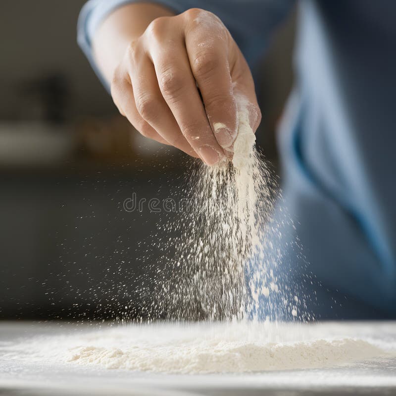 Hand in Motion Sprinkling Flour, Creating Dust in Kitchen Setting ...