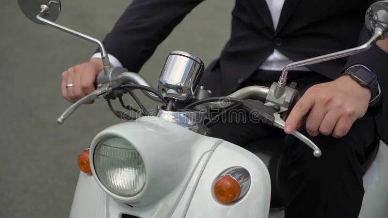 A Hand on a Motorcycle Handlebar. Man Driver at Motorbike. Moped. Stock ...