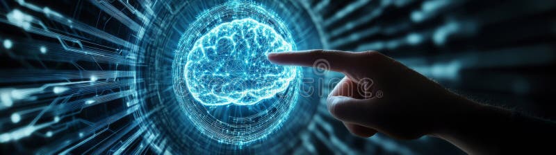 A Hand Moves Forward To Interact with a Glowing, Digital Brain ...