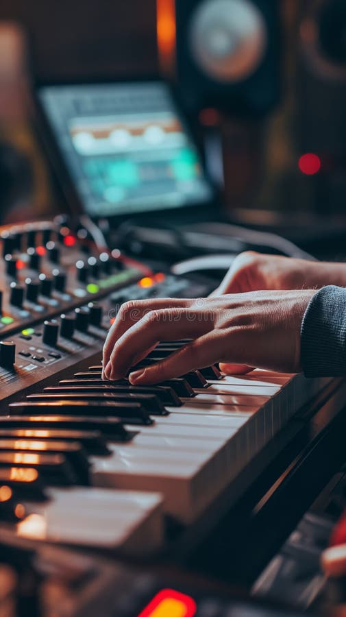 Hand Musician Playing Synthesizer Keyboard Audio Mixing Software ...