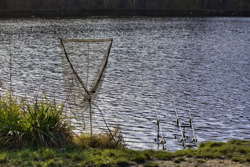 Hand Net and Three Fishing Rods Stock Image - Image of three, water ...