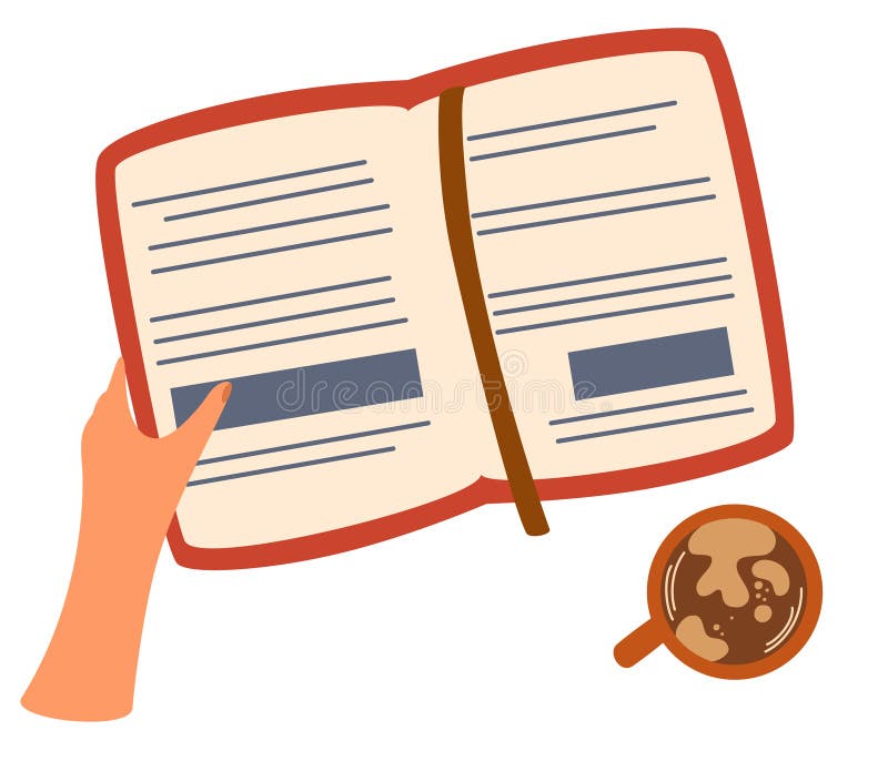 Reading a Book. the Hand Holds a Book, a Notebook, a Glider and Coffee ...