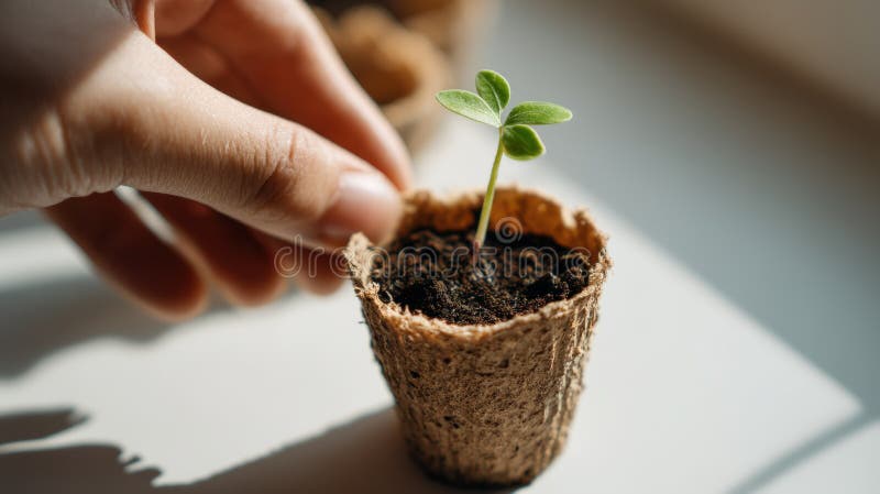 Hand Nurturing a Green Seedling in a Biodegradable Pot in Sunlight ...