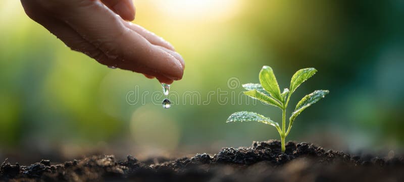 The Hand Nurturing a Young Green Plant with a Drop of Water. AI ...