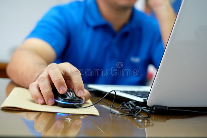 Hand Office Man on Mouse Working Computers. Stock Image - Image of ...