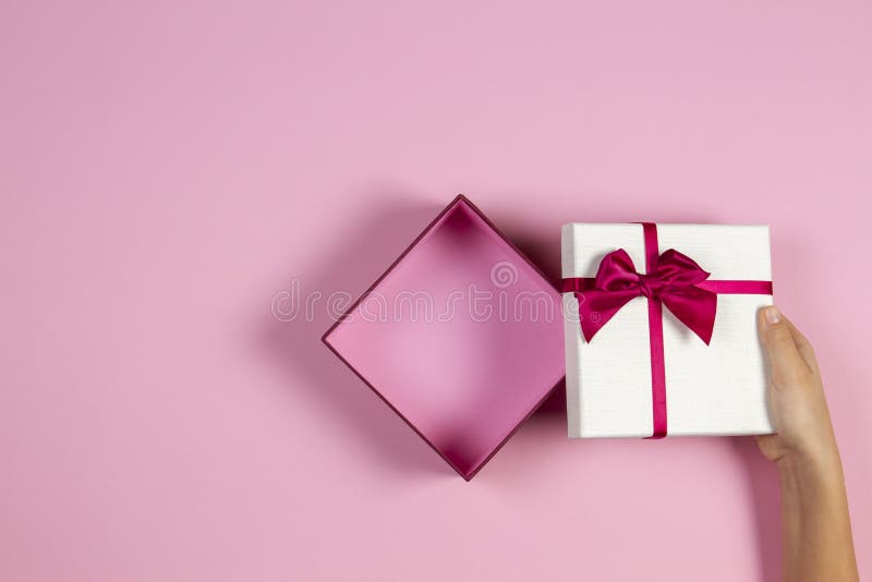 Congratulations Background. Hand Open Empty Present Gift Box on Pastel ...