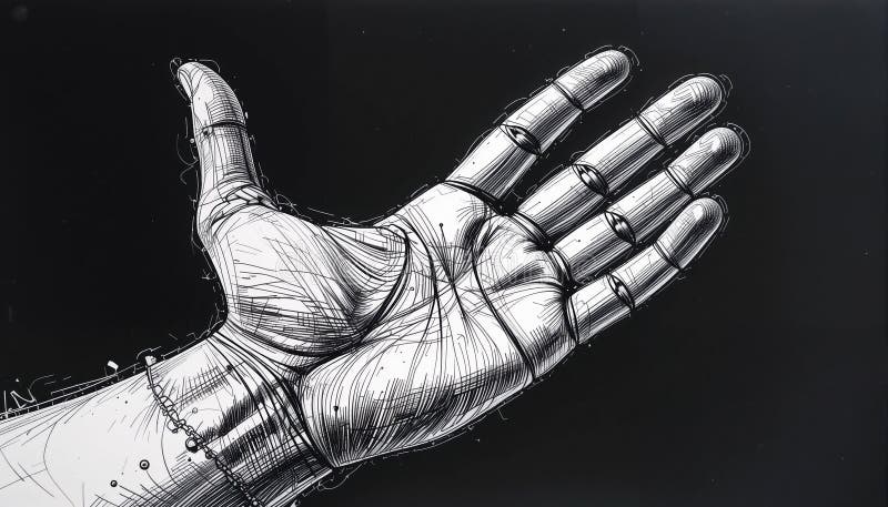 A Hand with an Open Palm, Hand Drawing, Scratch Board Imitation. Stock ...
