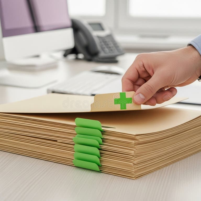 A Hand is Opening a Beige Folder with a Green Cross Tab on an Office Desk. the Folder is Stock ...