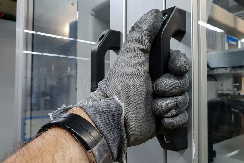 Hand Opening the Glass Door Stock Photo - Image of closeup, plastic ...