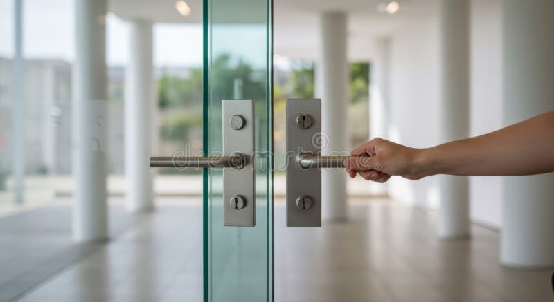 Hand Opening Glass Door in Modern Office Space with Natural Light Stock ...