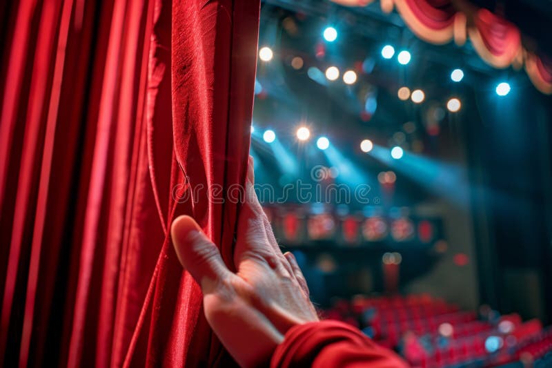 Hand Opening a Red Curtain on a Stage with Lights and an Out of Focus ...