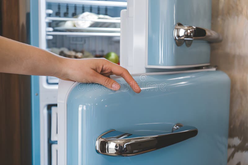 Hand Opens Blue Refrigerator, Revealing Contents, Kitchen Setting ...