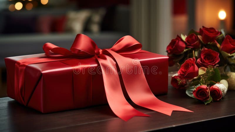 A Hand Opens a Gift Wrapping Paper Wrapped in Red Ribbon Stock ...