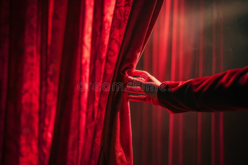 Hand Opens Red Curtain on Stage, Revealing Backstage Area Stock Photo - Image of theatrical ...