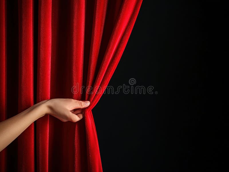 A Hand Opens a Vibrant Red Curtain Against a Dark Background Stock ...