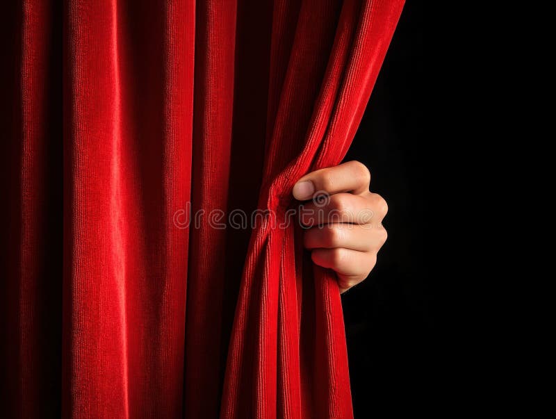 A Hand Opens a Vibrant Red Curtain Against a Dark Background Stock ...