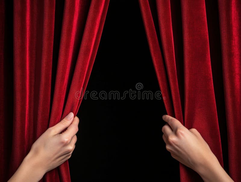 A Hand Opens a Vibrant Red Curtain Against a Dark Background Stock ...