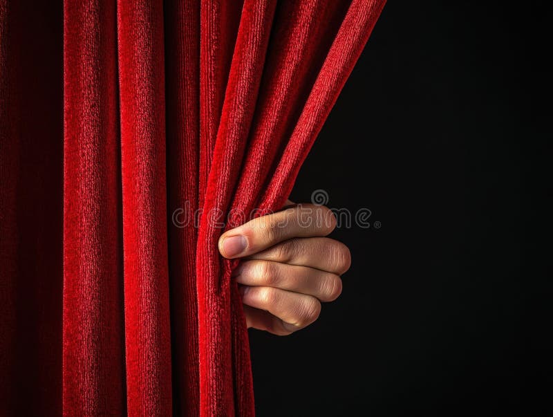 A Hand Opens a Vibrant Red Curtain Against a Dark Background Stock ...