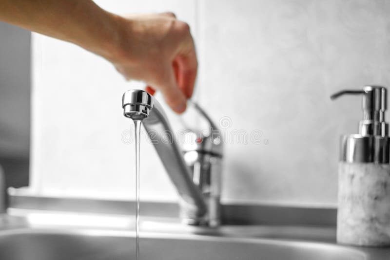 Hand Opens the Water Tap. Close Up Stock Photo - Image of clean ...