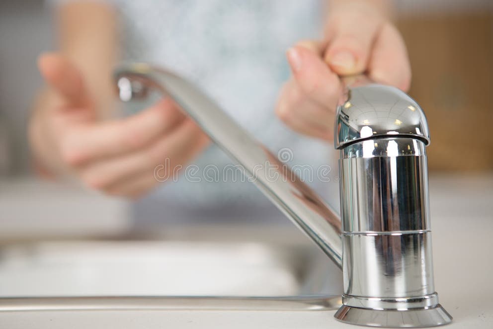 Hand Opens Water Tap Close Up Stock Photo - Image of opening, closing ...