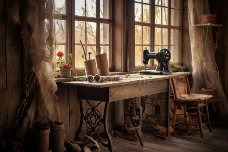 Hand-operated Sewing Machine in Rustic Setting Stock Illustration ...