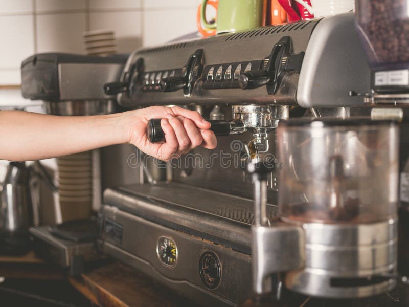 Hand Operating Coffee Machine Stock Photo - Image of modern, female ...