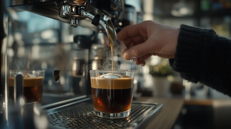 Hand Operating Espresso Machine, Pouring Fresh Coffee into Glass Cup ...