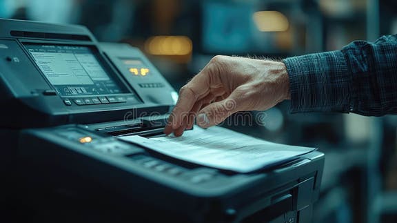 Hand Operating a High-tech Printer in an Office Setting, Focused on ...
