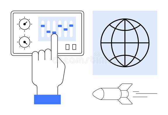 Hand Adjusting Control Panel with Globe and Rocket in Minimalist Design ...