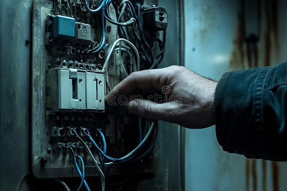 Hand Operating a Weathered Electrical Panel, Highlighting ...