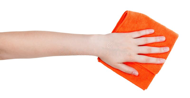Hand with Orange Cleaning Rag Isolated on White Stock Photo - Image of ...