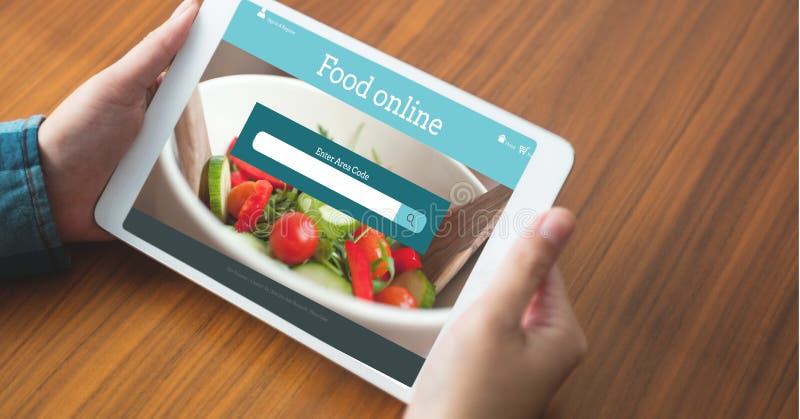 Hand Ordering Food on Digital Tablet with Search Screen on it Stock ...