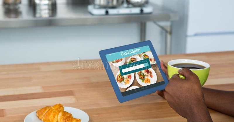 Hand Ordering Food on Digital Tablet with Search Screen on it Stock ...