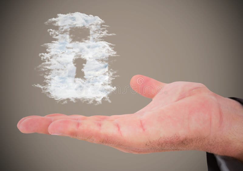 Hand Out with Cloud Lock Graphic Against Brown Background Stock Photo ...
