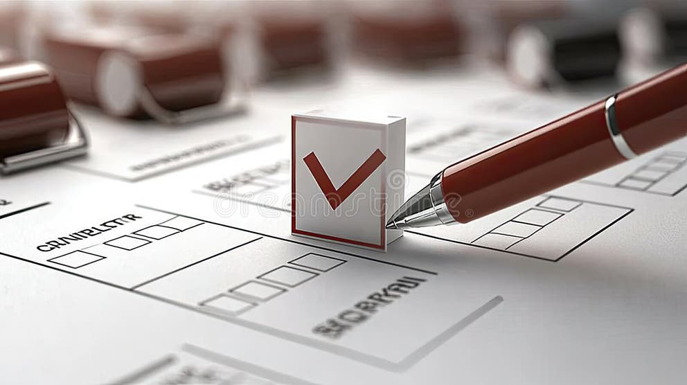 Hand is Outlining Check Boxes on White Paper with a Red Marker, Focused ...