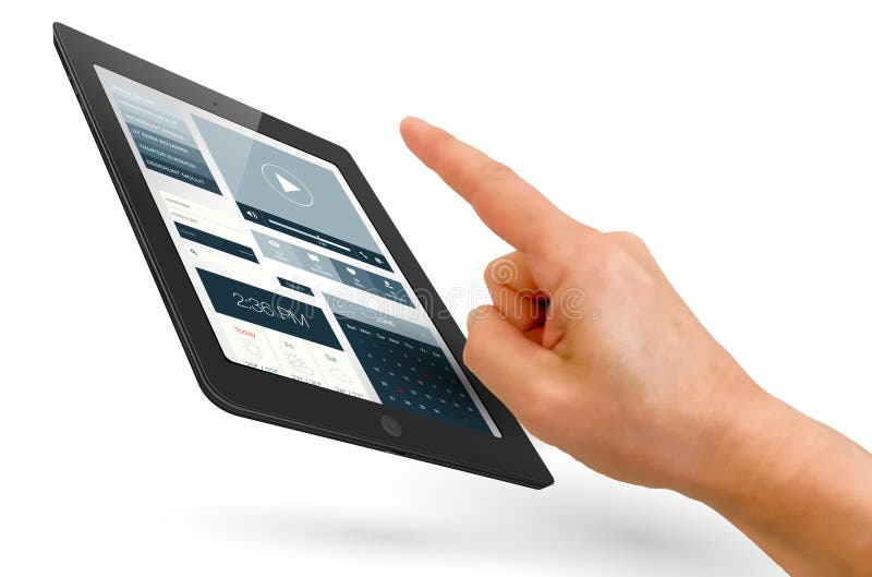 Hand with Outstretched Index Finger and Tablet Touch Screen Stock ...
