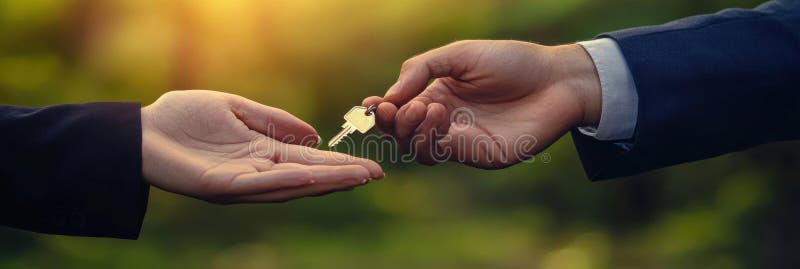 Hand Over Key Showing Ownership Transfer with Green Nature Theme Stock ...